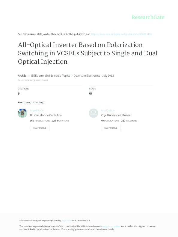 (PDF) All-optical inverter based on polarization switching in long-wavelength VCSELs