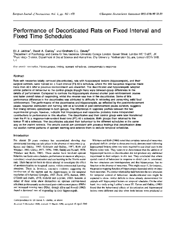 (PDF) Performance of Decorticated Rats on Fixed Interval and Fixed Time Schedules | Graham Davey ...