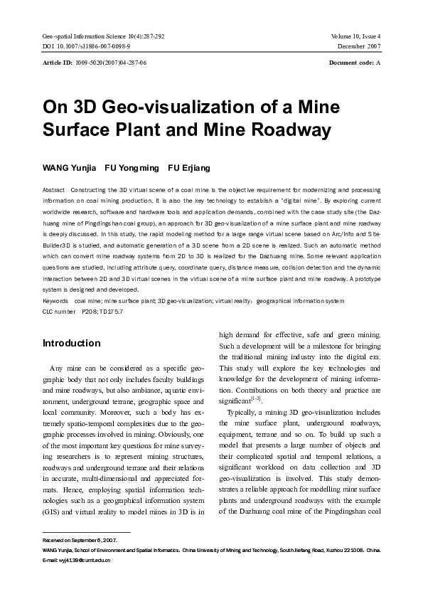 (PDF) On 3D geo-visualization of a mine surface plant and mine roadway