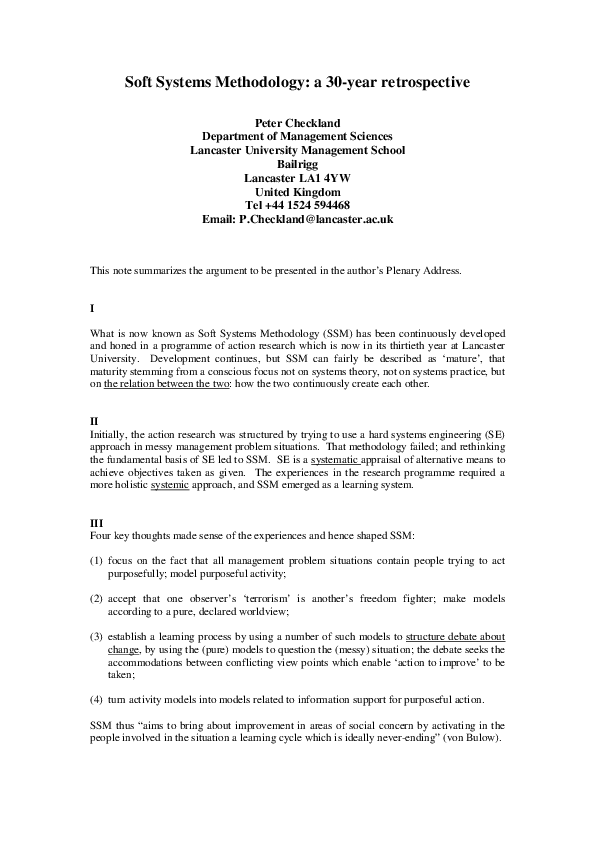 (PDF) Soft Systems Methodology: a 30-year retrospective