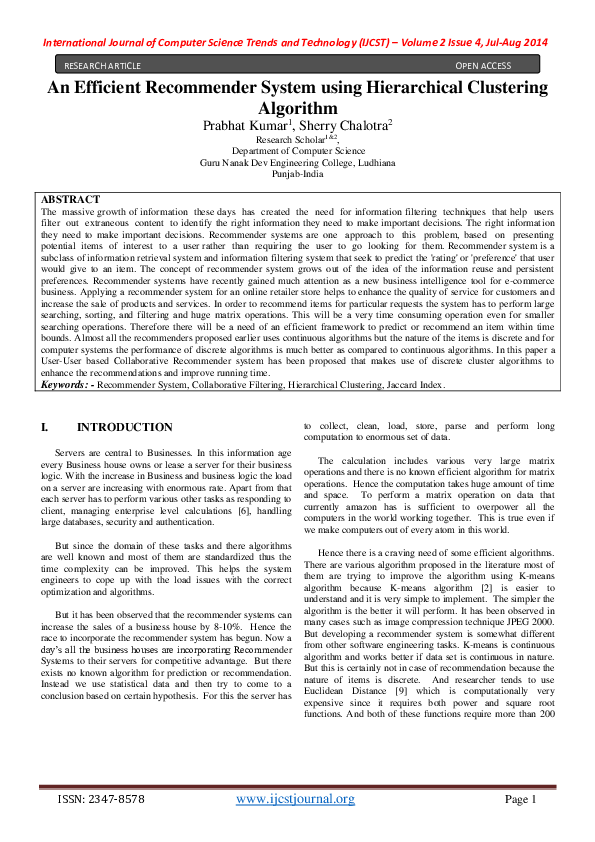 (PDF) An Efficient Recommender System using Hierarchical Clustering Algorithm