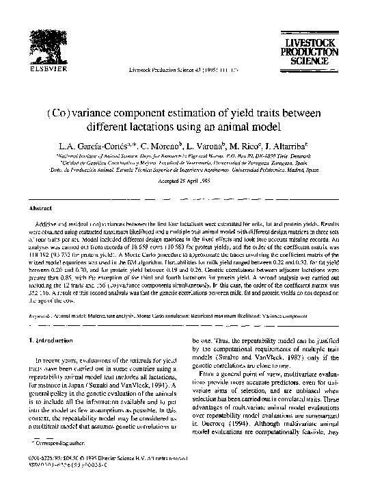 Pdf Co Variance Component Estimation Of Yield Traits Between Different Lactations Using An