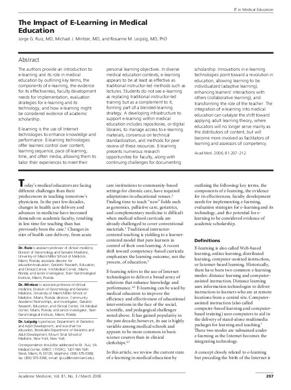 (PDF) The Impact of E-Learning in Medical Education