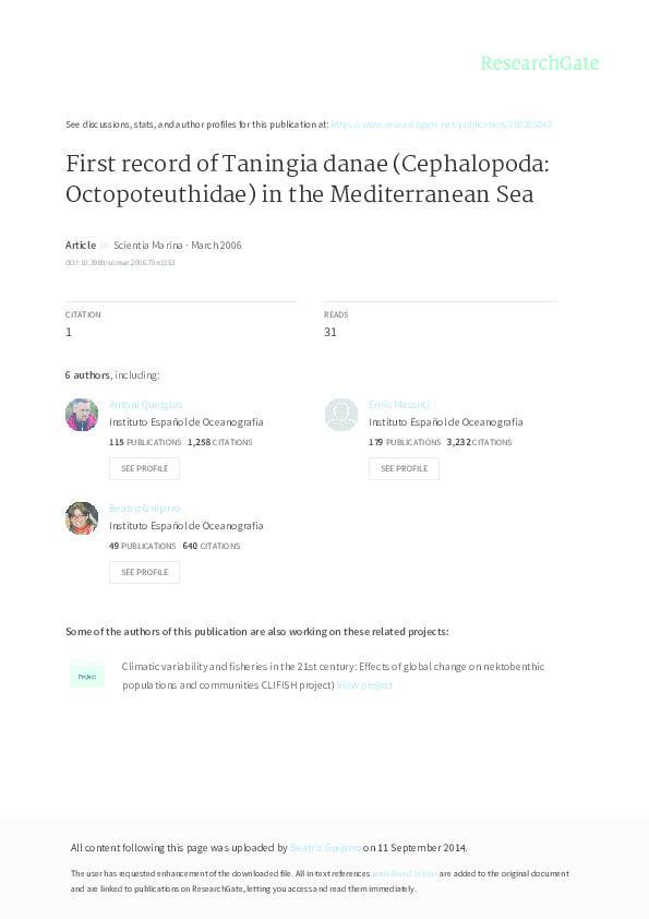 (PDF) First record of Taningia danae (Cephalopoda: Octopoteuthidae) in ...