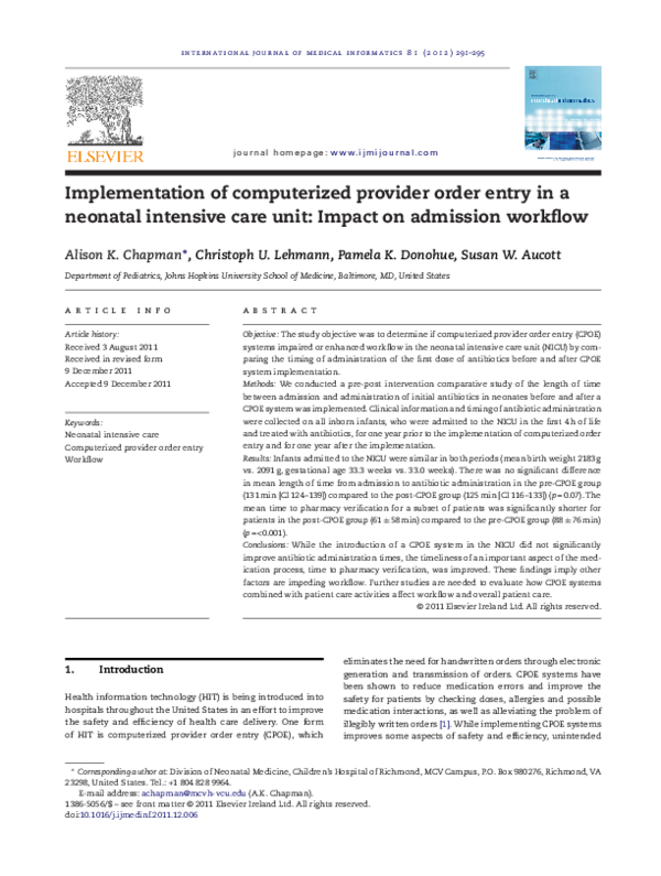 (PDF) Implementation of computerized provider order entry in a neonatal intensive care unit ...