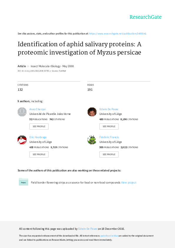 (PDF) Identification of aphid salivary proteins: a proteomic investigation of Myzus persicae