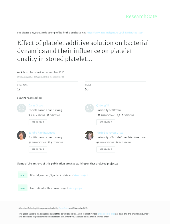 Pdf Effect Of Platelet Additive Solution On Bacterial Dynamics And Their Influence On Platelet