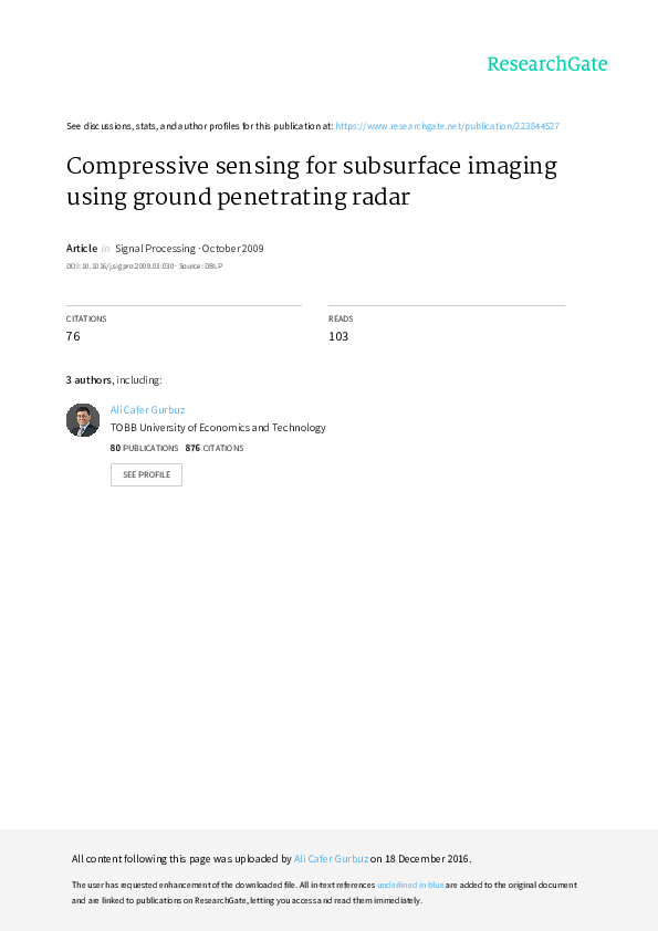 (PDF) Compressive sensing for subsurface imaging using ground penetrating radar