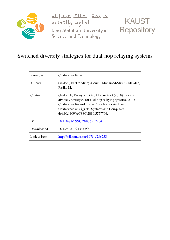 (PDF) Switched diversity strategies for dual-hop relaying systems