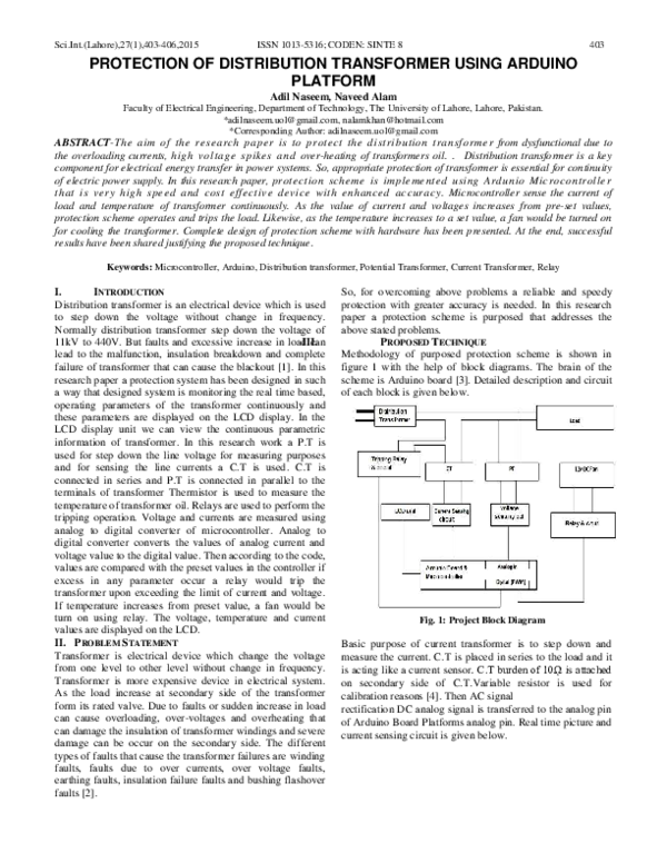 (PDF) PROTECTION OF DISTRIBUTION TRANSFORMER USING ARDUINO PLATFORM