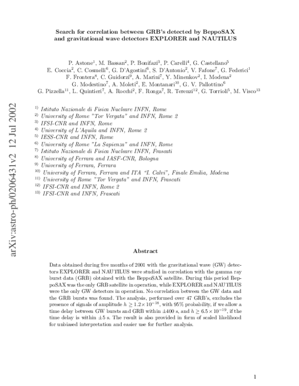 Pdf Search For Correlation Between Grbs Detected By Bepposax And Gravitational Wave Detectors