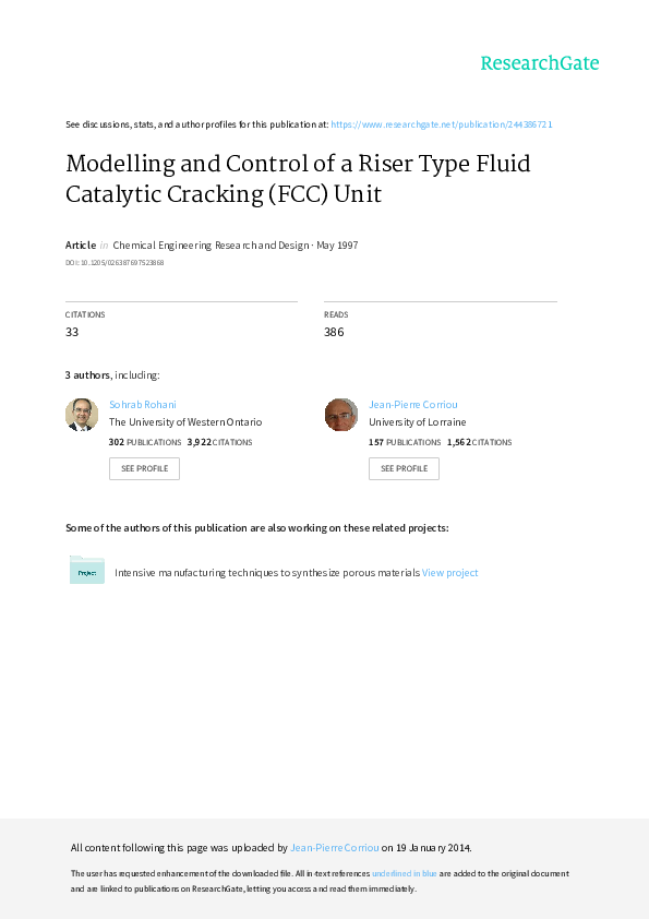(PDF) Modelling and Control of a Riser Type Fluid Catalytic Cracking ...