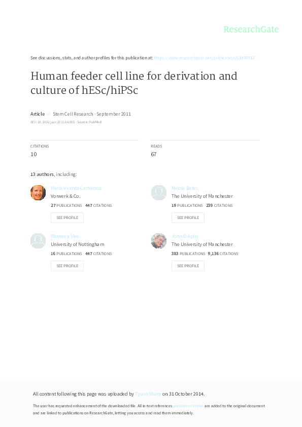 (PDF) Human feeder cell line for derivation and culture of hESc/hiPSc
