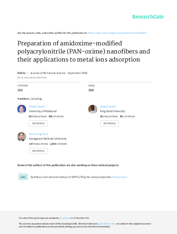 (PDF) Preparation of amidoxime-modified polyacrylonitrile (PAN-oxime ...