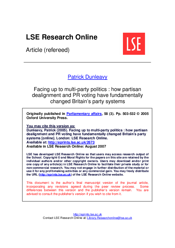 (PDF) Facing Up to Multi-Party Politics: How Partisan Dealignment and ...