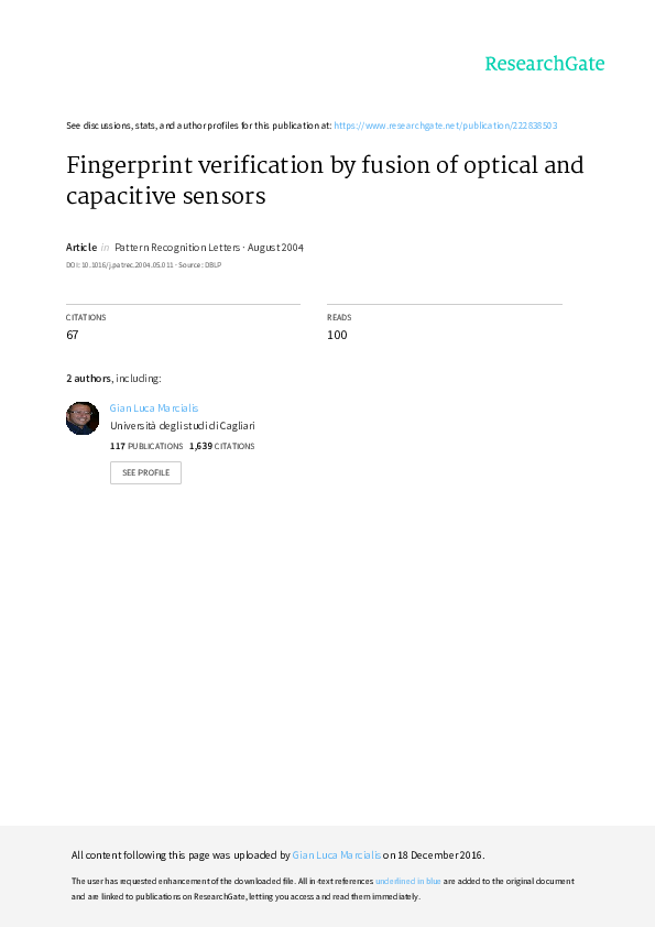 (PDF) Fingerprint verification by fusion of optical and capacitive sensors