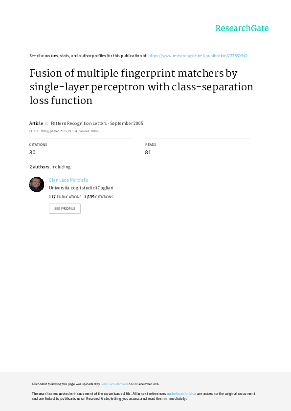 (PDF) Fusion of multiple fingerprint matchers by single-layer perceptron with class-separation ...