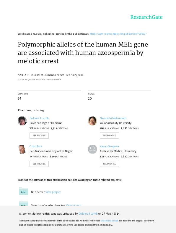 (PDF) Polymorphic alleles of the human MEI1 gene are associated with ...