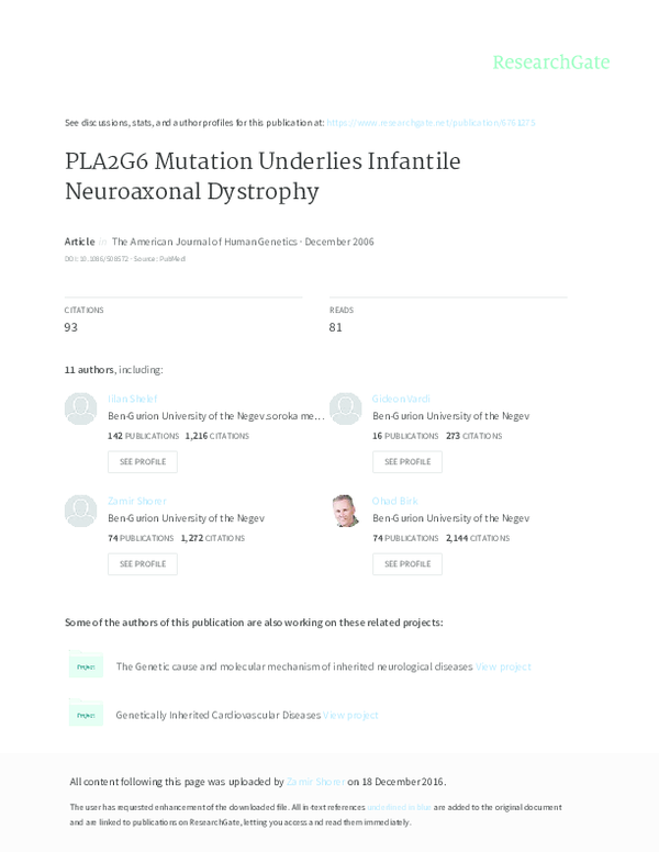 (PDF) PLA2G6 Mutation Underlies Infantile Neuroaxonal Dystrophy | Ohad ...