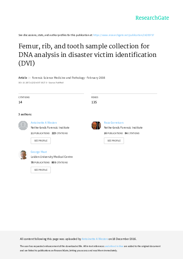 (PDF) Femur, rib, and tooth sample collection for DNA analysis in ...