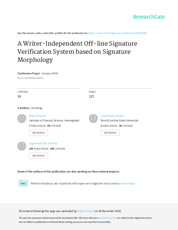 (PDF) A writer-independent off-line signature verification system based on signature morphology