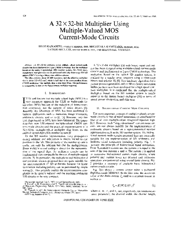 (PDF) A 32*32-bit multiplier using multiple-valued MOS current-mode circuits