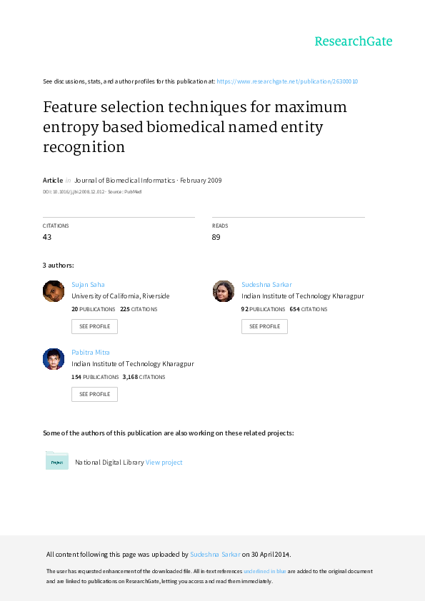 Pdf Feature Selection Techniques For Maximum Entropy Based Biomedical Named Entity Recognition