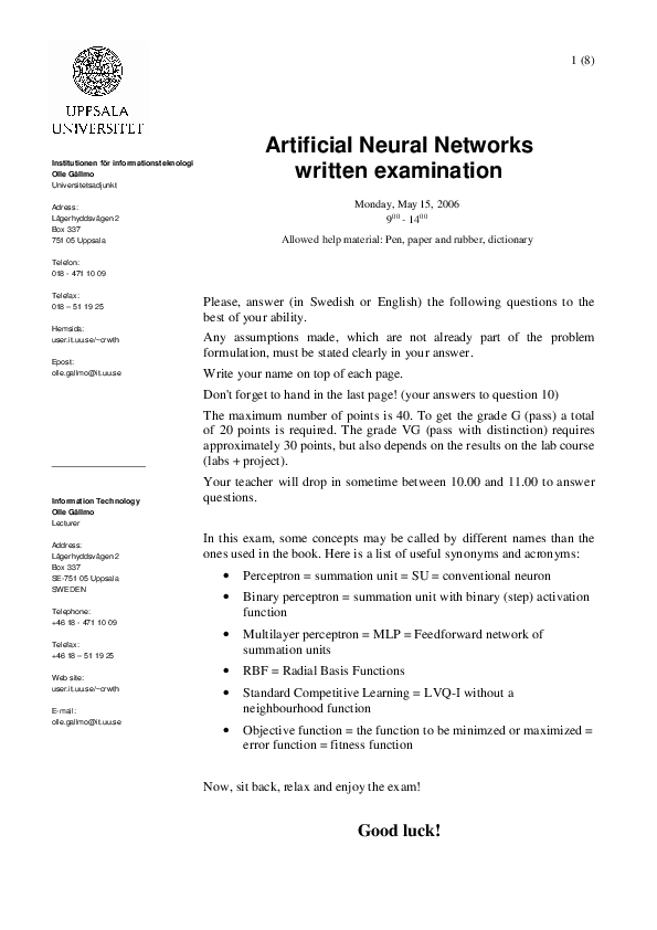 (PDF) Artificial Neural Networks written examination