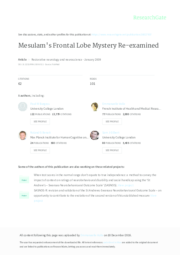 (PDF) Mesulam's frontal lobe mystery re-examined
