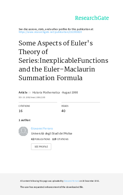 (PDF) Some Aspects of Euler's Theory of Series: InexplicableFunctions and the Euler–Maclaurin ...