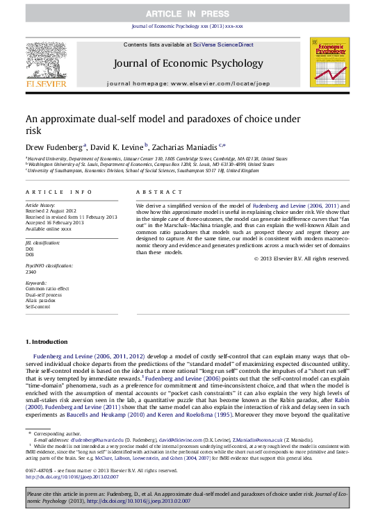 (PDF) An approximate dual-self model and paradoxes of choice under risk