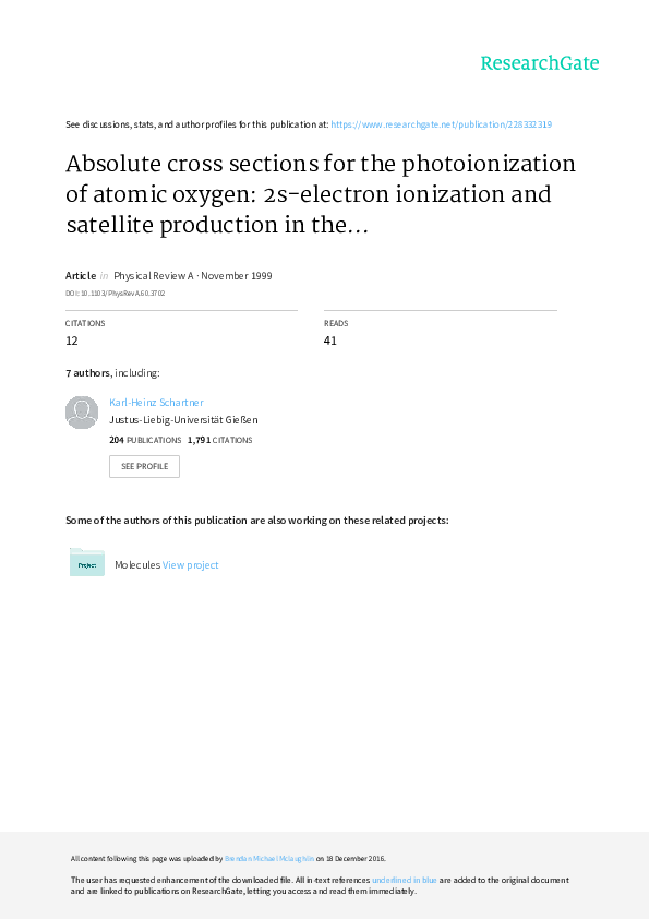 (PDF) Absolute cross sections for the photoionization of atomic oxygen ...