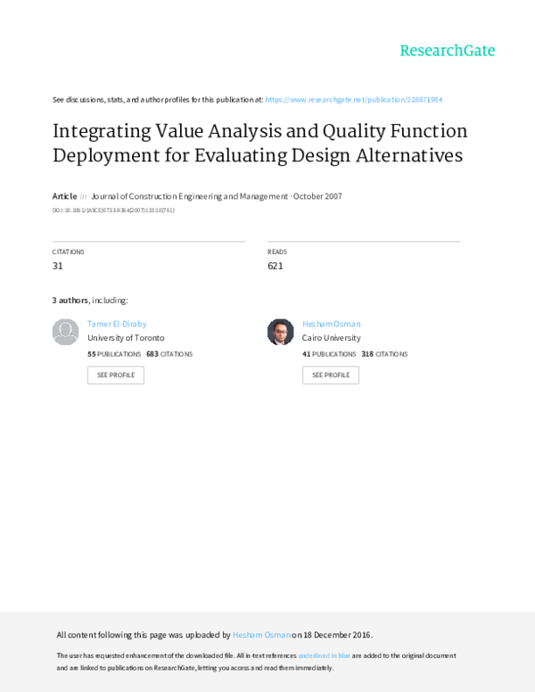 (PDF) Integrating Value Analysis and Quality Function Deployment for Evaluating Design Alternatives