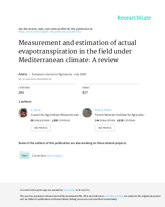 Pdf Measurement And Estimation Of Actual Evapotranspiration In The Field Under Mediterranean