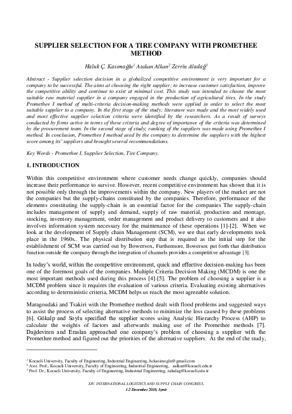 (PDF) Supplier Selection For A Tire Company With PROMETHEE Method (Revised) (LM-SCM 2016)