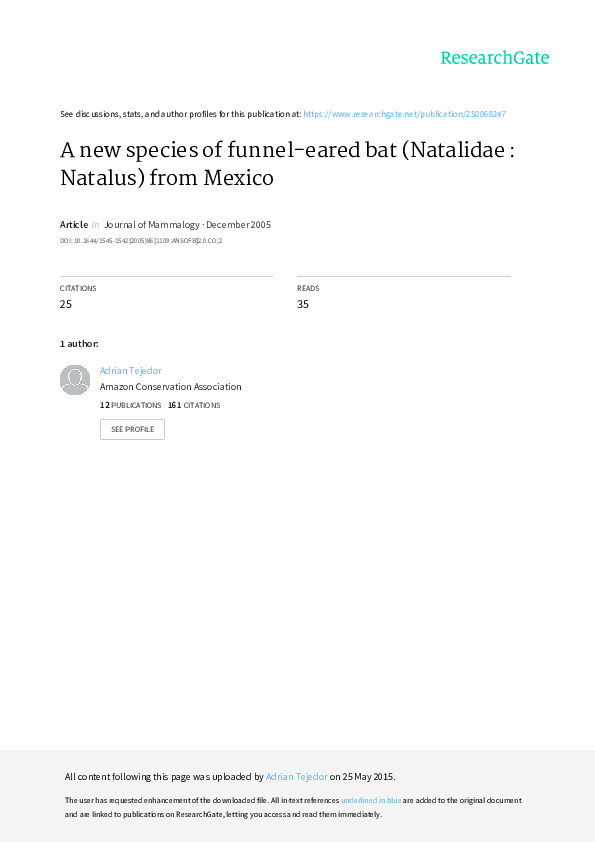 (PDF) A NEW SPECIES OF FUNNEL-EARED BAT (NATALIDAE: NATALUS) FROM MEXICO