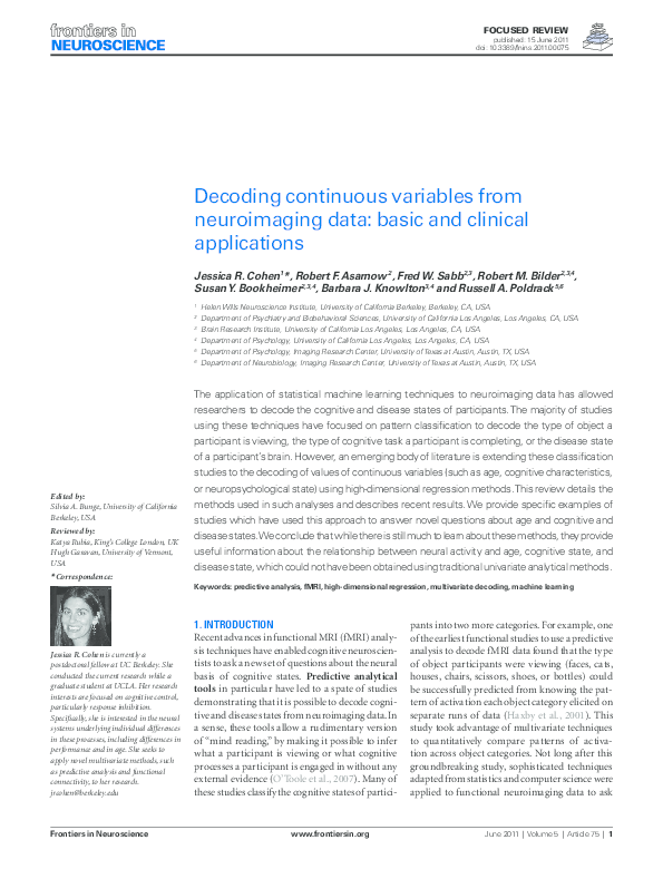 (PDF) Decoding continuous variables from neuroimaging data: basic and clinical applications