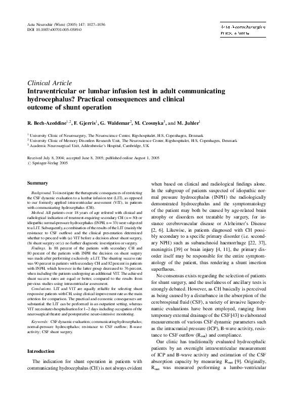(PDF) Lumbar vs Intraventricular Tests in Hydrocephalus