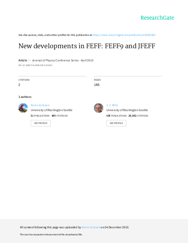 (PDF) New Developments in FEFF: FEFF9 and JFEFF