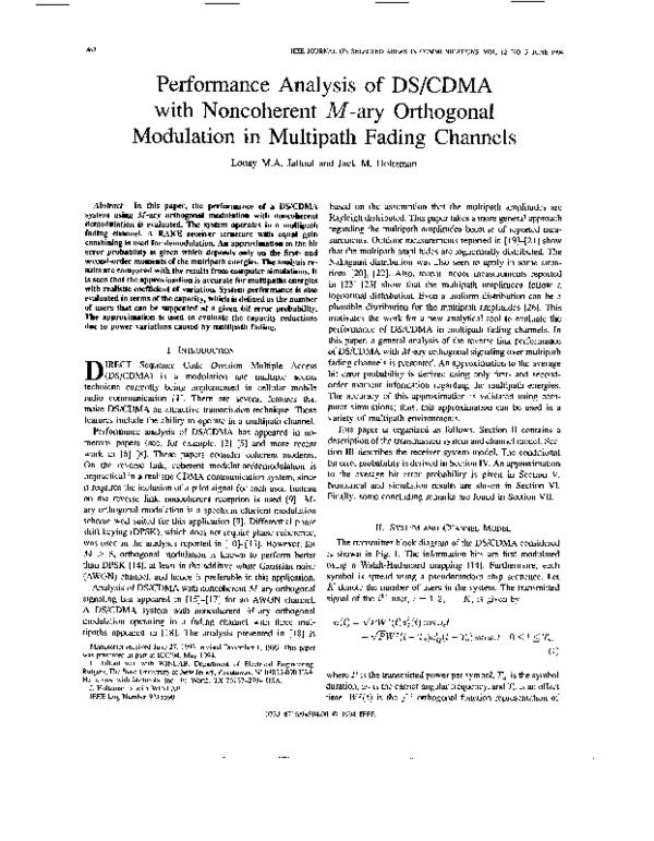 (PDF) Performance analysis of DS/CDMA with noncoherent M-ary orthogonal modulation in multipath ...