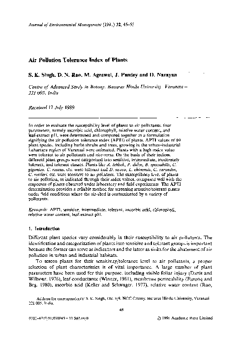 (PDF) Air pollution tolerance index of plants