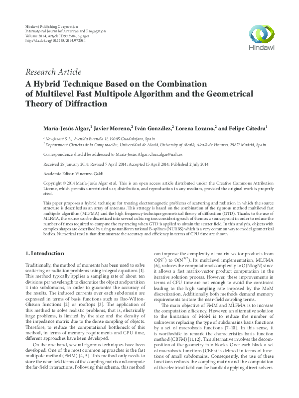 Pdf A Hybrid Technique Based On The Combination Of Multilevel Fast Multipole Algorithm And The 
