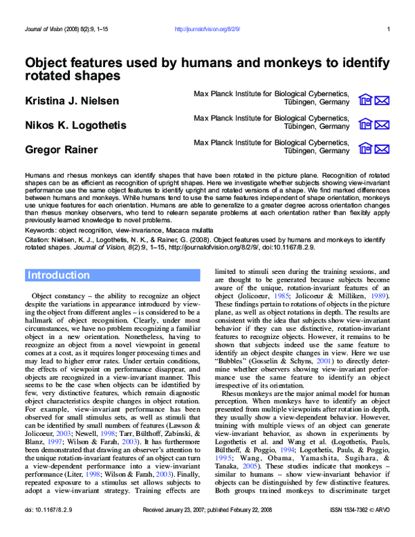 (PDF) Object features used by humans and monkeys to identify rotated shapes