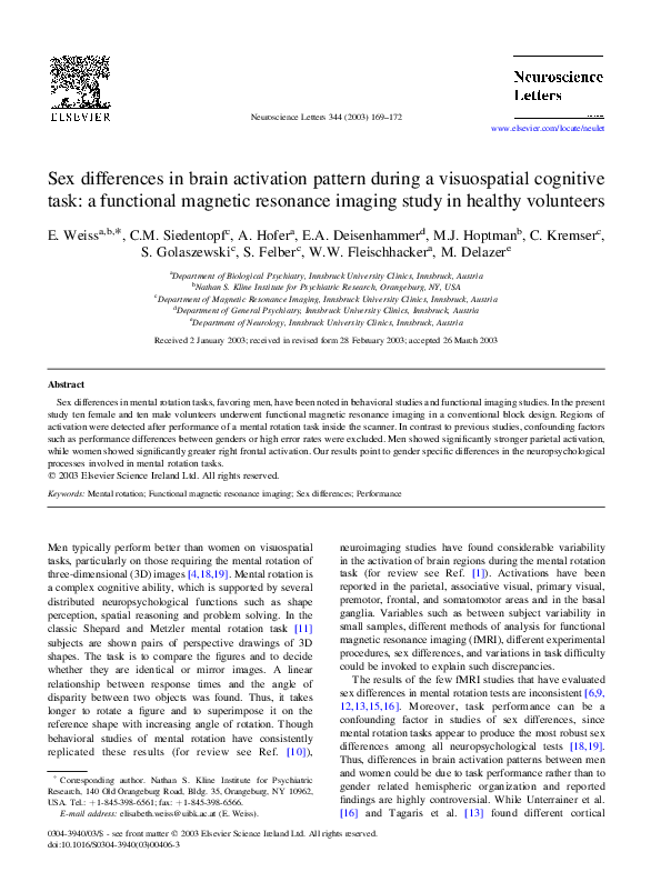 Pdf Sex Differences In Brain Activation Pattern During A Visuospatial Cognitive Task A