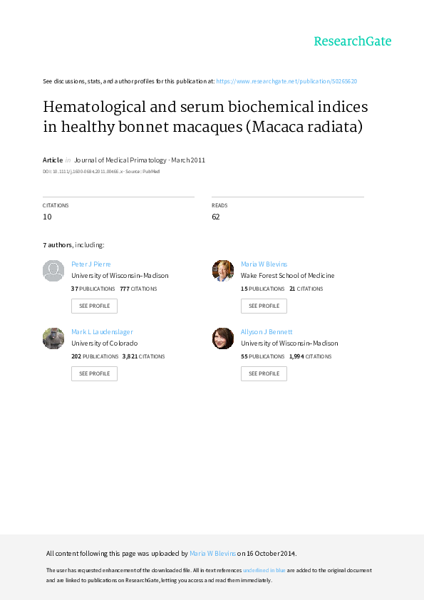(PDF) Hematological and serum biochemical indices in healthy bonnet macaques (Macaca radiata)