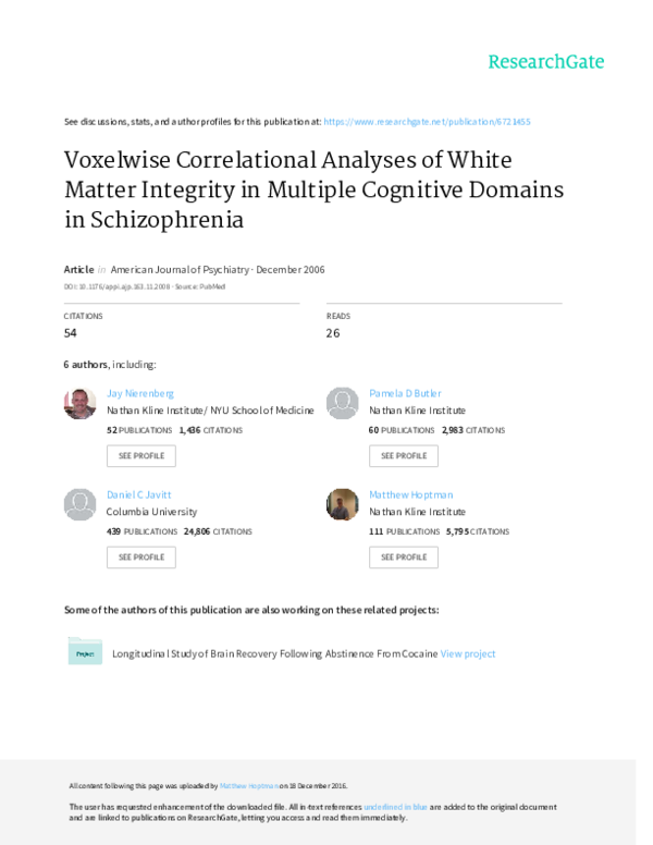 (PDF) Voxelwise correlational analyses of white matter integrity in multiple cognitive domains ...