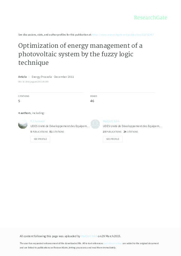 Pdf Optimization Of Energy Management Of A Photovoltaic System By The Fuzzy Logic Technique