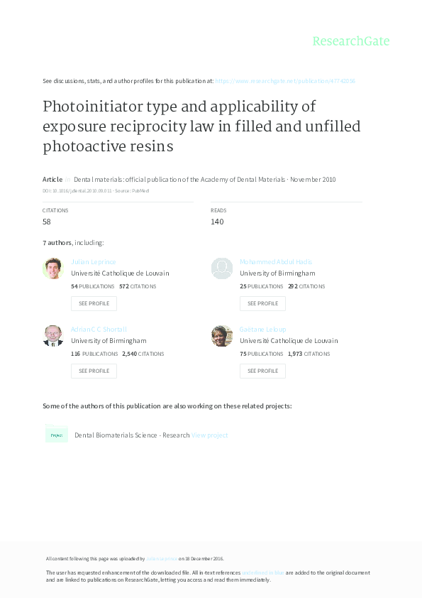 Pdf Photoinitiator Type And Applicability Of Exposure Reciprocity Law In Filled And Unfilled