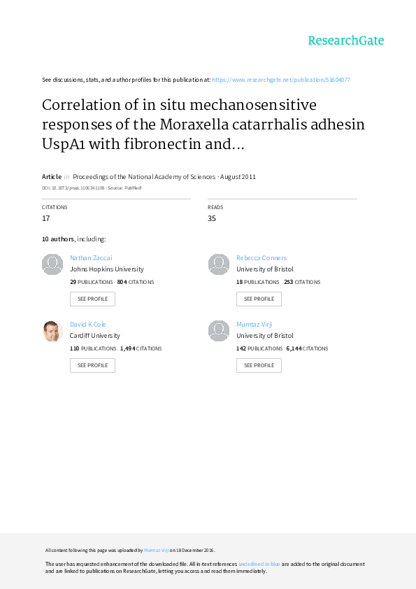 (PDF) Correlation of in situ mechanosensitive responses of the Moraxella catarrhalis adhesin ...