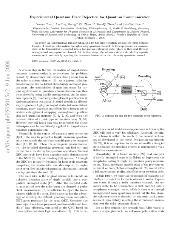 (PDF) Experimental quantum error rejection for quantum communication